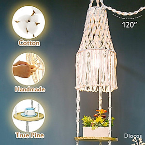 Macrame Lamp Shade and Hanging Plant Holder Shelf Indoor for Boho Bedroom Decor Plug in Pendant Light Hanging Light with Plug in Cord and Switch for Bohemian Office Corner Reading Light (Cream)