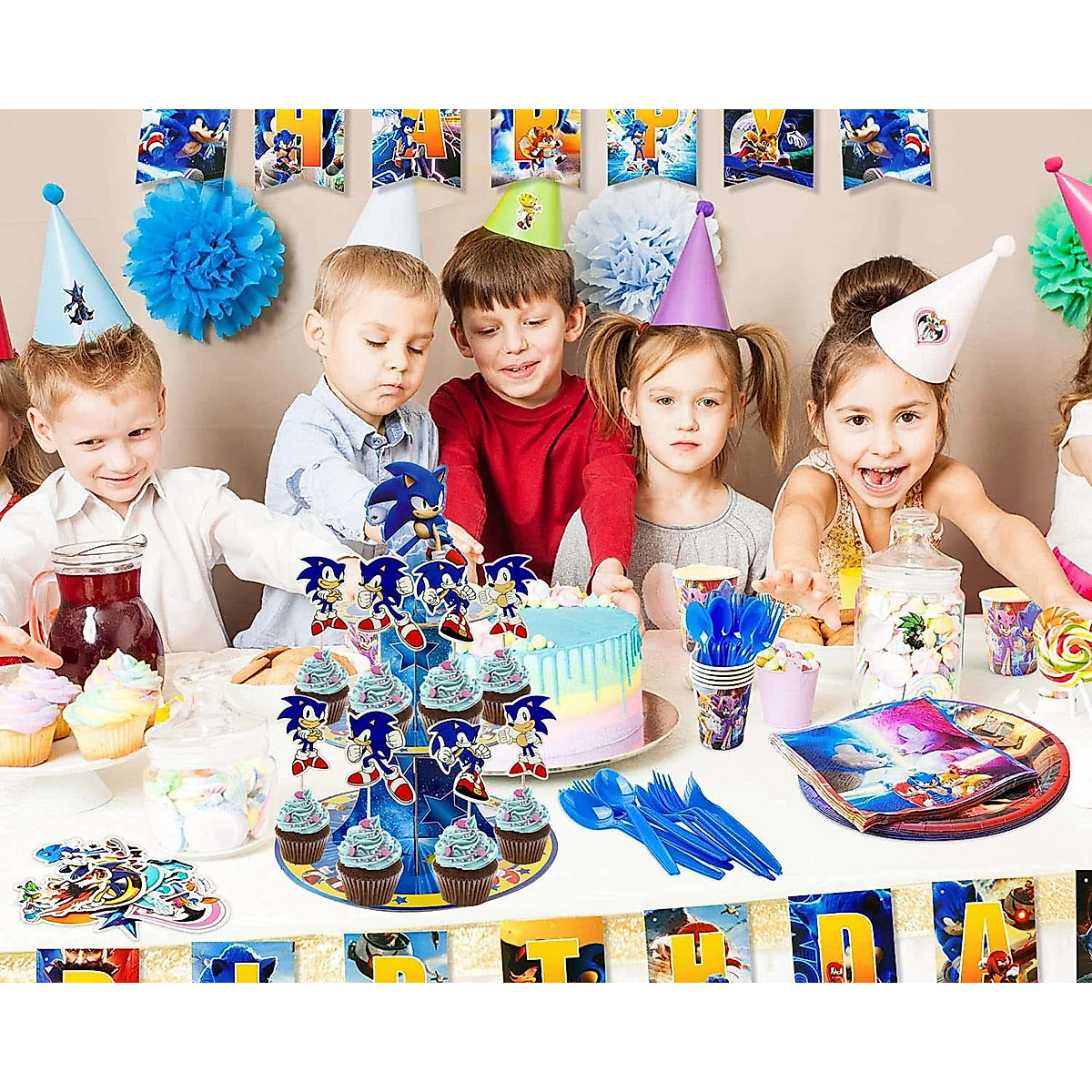 Hedgehog Themed Cupcake Stand 3 Tier, Blue Hedgehog Cake Stand for Boy Kids Birthday Party, Baby Shower, Gender Reveal Party, The Hedgehog Themed Boys Party Supplies