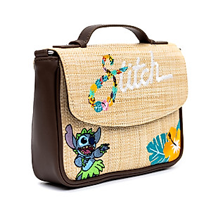 Disney Bag, Fold Over Crossbody, Lilo and Stitch Embroidered Stitch Poses, Raffia Straw