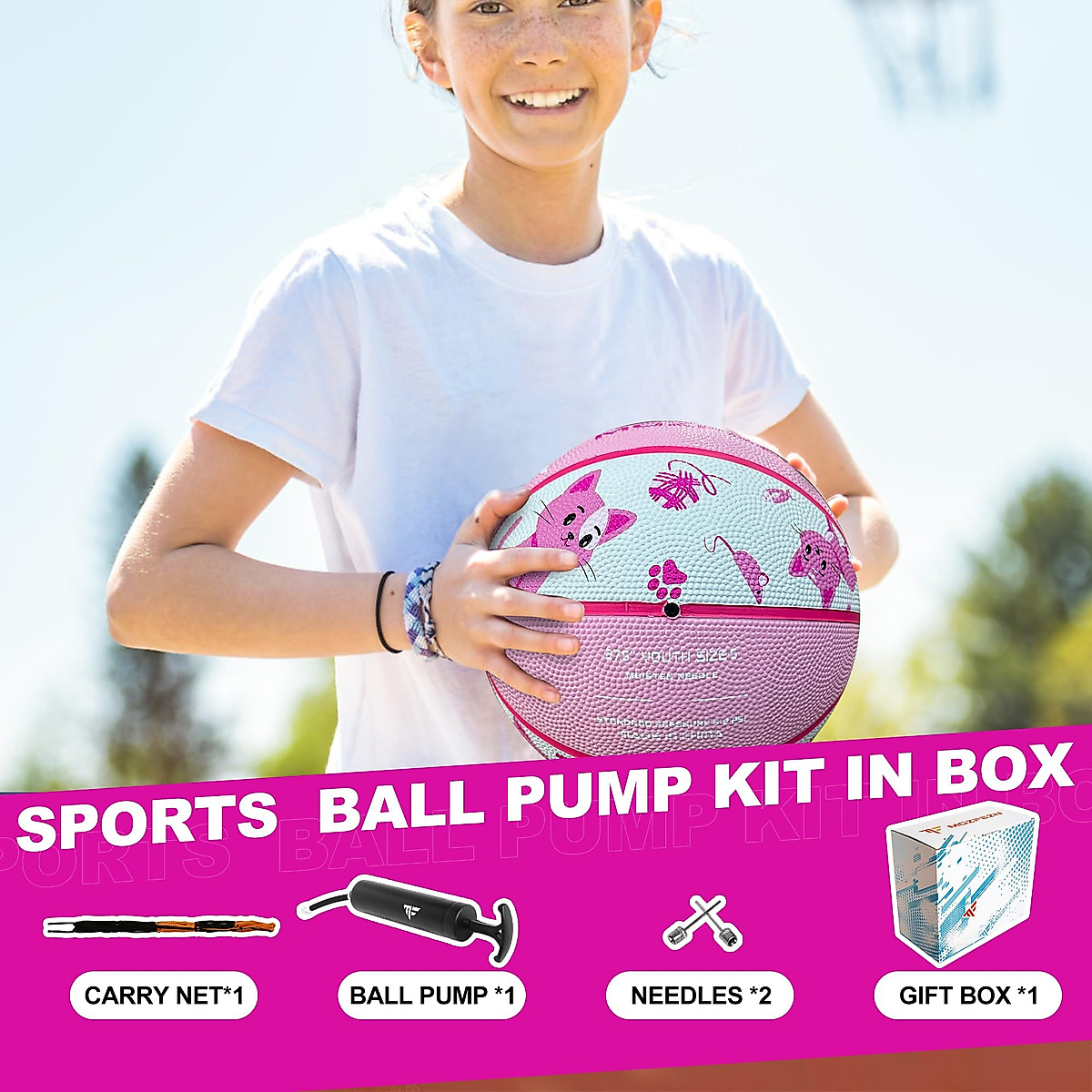 MGZFEZN Youth Basketballs Size 5 Rubber Game Outdoor 27.5 Basketball for Kids Play School Games Indoor Outdoor Park Beach & Pool with Pump(Pink)