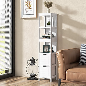 LOKO Tall Bathroom Storage Cabinet, Wooden Slim Bathroom Cabinet with Anti-toppling Device, Tall Narrow Storage Cabinet with 2 Removable Drawers, White