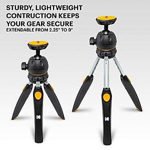 KODAK PhotoGear Mini Adjustable Tripod with Remote, 360° Ball Head, Compact 9” Tabletop Tripod,11” Selfie Stick, 5-Position Legs, Rubber Feet, Smartphone & Action Camera Adapters, E-Guide Included