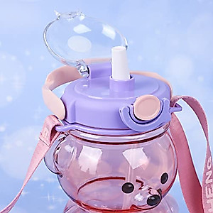 AZLNRMU Kawaii Bear Straw Bottle, Large capacity bear water bottle with Strap and Straw, Cute Portable Bear shaped water Bottle Adjustable Removable Strap for outdoor and school activities(pink)