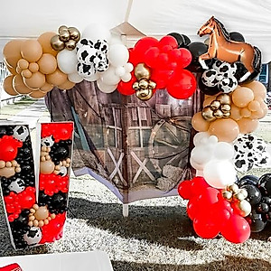 Western Cowboy Balloons Arch Garland Kit, 131PCS Red Black Gold Cow Print Balloons with 30 Inch Large Horse Foil Balloons for Horse Racing Kentucky Derby Day Birthday Party Decorations