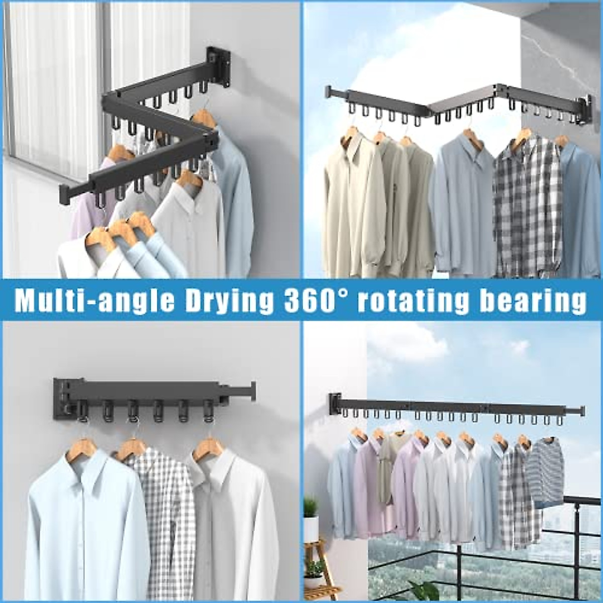 WSIGHT Wall Mounted Drying Rack Laundry Clothes Hanging Rack Collapsible Retractable for Laundry Room Organization, Balcony, Wardrobe, Bathroom (3 Poles)