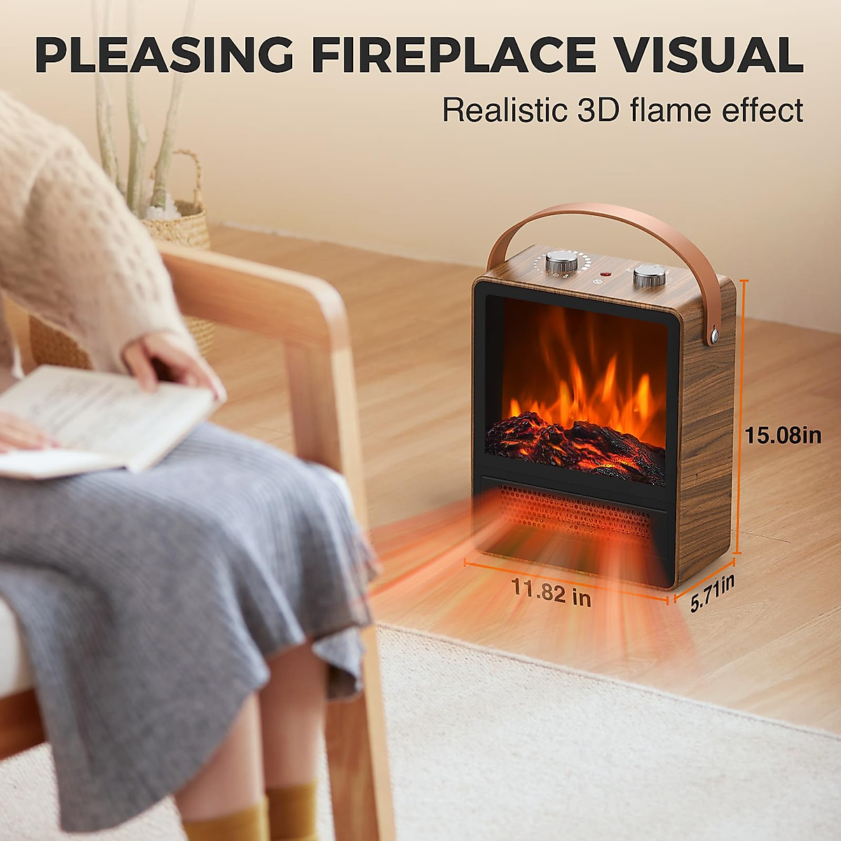 Electric Fireplace Heater for Indoor Use, 1500W/750W Space Heater Fireplace with 3D LED Flame, Double Safety Protection, Portable Fireplace Heater for Home Office Christmas Decoration
