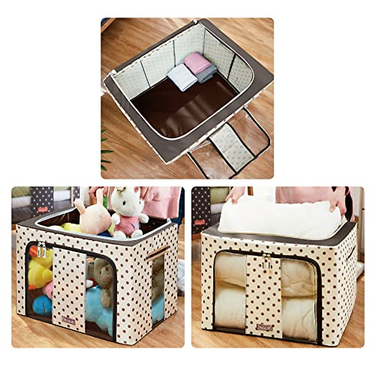 Oxford Fabric Storage Box with Steel Frame,Foldable Stackable Container Organizer with Large Window & Carry Handles Bedroom Closet Organization for Clothes Bedding Sheets Blanket Pillow Brown-66L