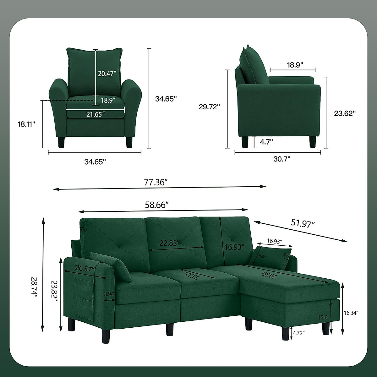 Tornama Sectional Sofa Set 77" Convertible Sofa and Accent Chair Small 3 Seat L Shaped Couch with Reversible Ottoman and Side Pockets, Modern Linen Sofa Couch for Living Room, Office, Apartment, Green