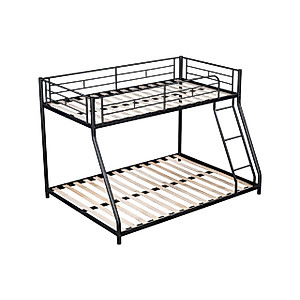 UOCFYK Twin Over Full Size Bunk Bed with Wood Slats & Ladder for Dorm, Bedroom, Apartment, Sturdy Bedframe w/Guardrail, Easy to Assemble, No Box Spring Needed, Black