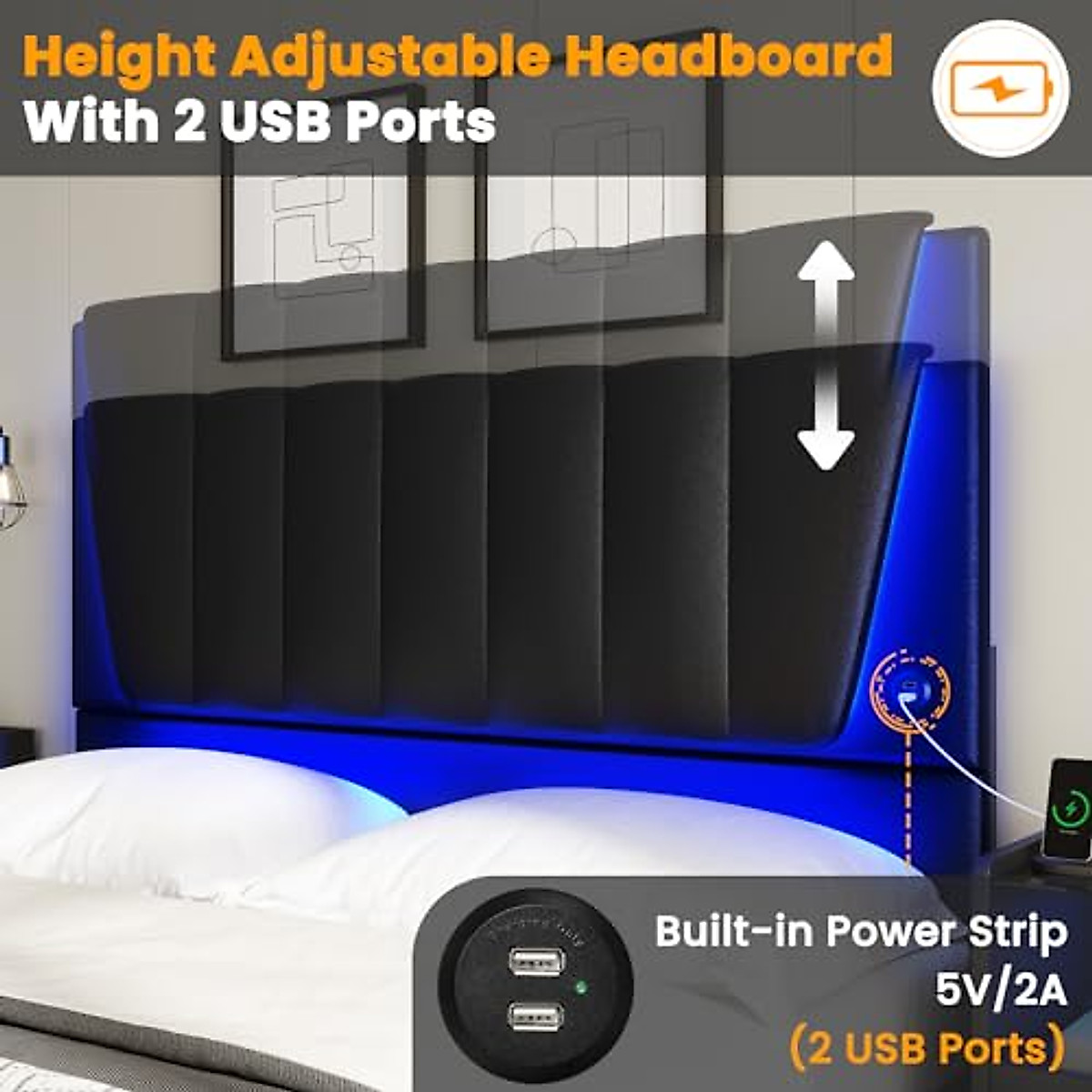 AOGLLATI Queen Bed Frame with Headboard and 4 Storage Drawers, Platform Bed Frame Queen Size with Led Light & 2 USB Ports, Queen Size Bed Frame with Wooden Slats Support, No Box Spring Needed