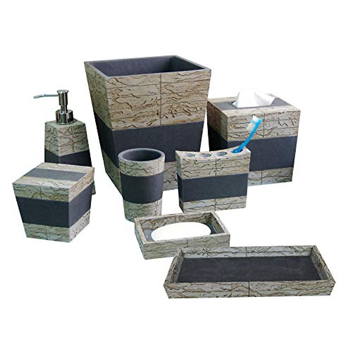 nu steel Rustic (Set of 8) Bath Accesory Set in Real Cement and Stone: Includes Q-tip Jar, Soap Dish, Toothbrush Holder, Tumbler, Soap/ Lotion Dispenser, Wastebasket, Tissue Box Holder, Amenity Tray