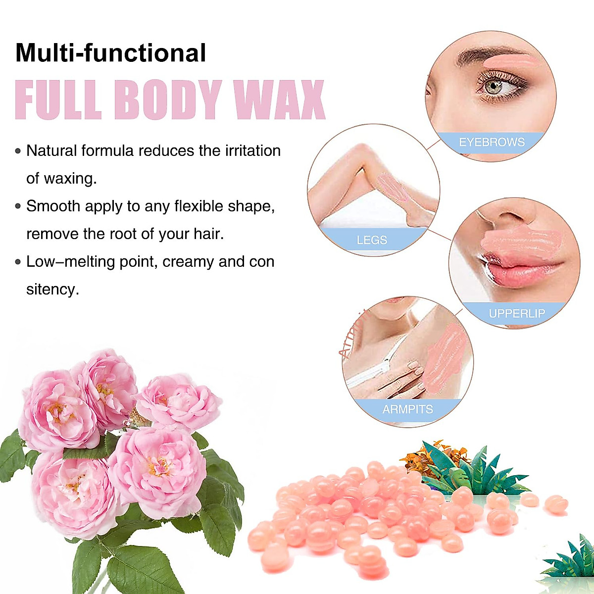 Auperwel Wax Beads for Hair Removal, 1.1LB Painless Salon Hard Wax Beans for Bikini, Eyebrow Facial, At Home Pearl Waxing Beads for Sensitive Skin with 20 Spatulas for Women Men(Rose)