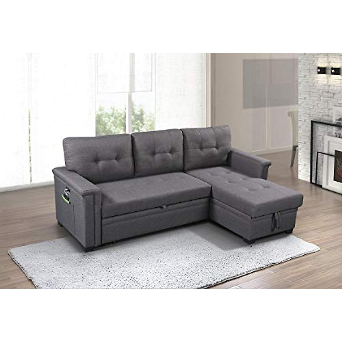 ERYE L-Shaped Corner Sleeper Sectional Couch Bed Linen Upholstery Sofa w/Reversible Storage Chaise,USB Charging Ports and Side Pocket for Home Apartment Office Living Room Furniture Sets, Dark Gray