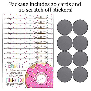 Donut Themed Scratch & Win Customer Appreciation Package Inserts for Small Businesses, 20 2" X 3.5” Single Sided Insert Cards with Scratch Off Stickers included by AmandaCreation