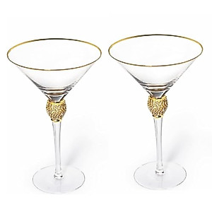 Sister.ly Drinkware, Rhinestone Studded Bling Martini Glasses Set of 2 with Gold Rim, 10 oz. Cocktail Glasses and Silver-Plated Cocktail Picks