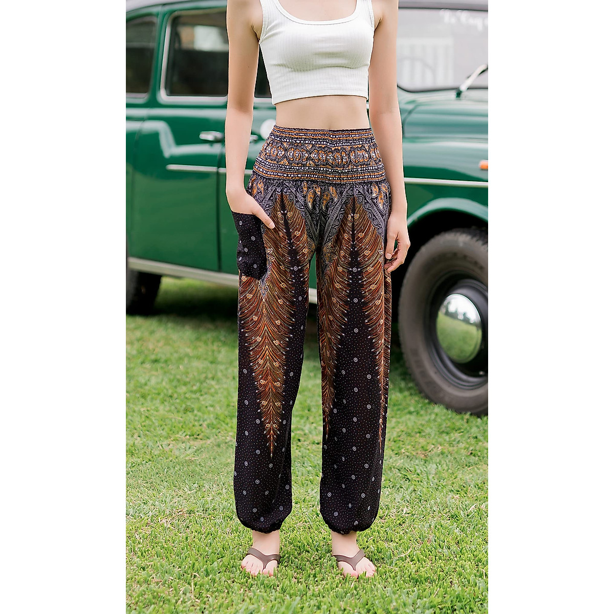 Banjamath® Women's Smocked Waist Harem Hippie Boho Yoga Palazzo Casual Pants (XL,Peacock Black)