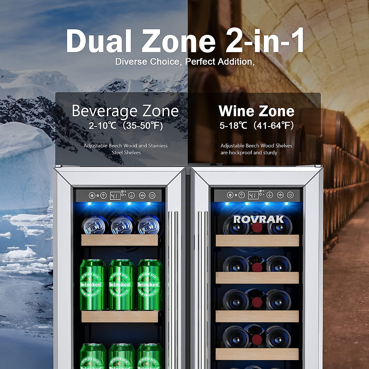 ROVRAk 2-in-1 Beverage and Wine Refrigerator, 24 Inch Dual Zone Quick Cooling Compressor Multifunctional Wine Cooler for 18 Bottle and 57 Cans