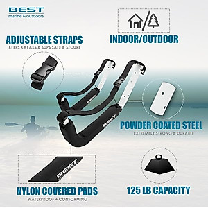 Best Marine and Outdoors Kayak Storage Rack, 2 Premium Wall Mount Racks for Kayaks & SUP Paddle Boards, 125lb Weight Capacity, Indoor Outdoor Paddleboard & Kayaking Accessories