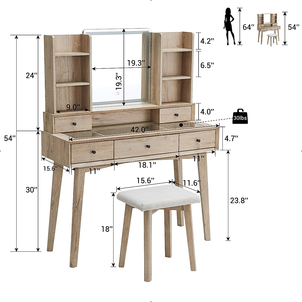 T4TREAM Modern Makeup Vanity Desk with Mirror and Lights，42'' Make up Vanity Table with Glass Tabletop & 5 Drawers, Big Vanity Set with Cushioned Stool & 3 Light Modes for Bedroom, Natural Oak