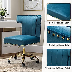 HULALA HOME Velvet Office Chair with Wingback and Decorative Nailhead, Adjustable Swivel Modern Armless Desk Chair, Cute Vanity Chair for Women (Gold Base, Navy)
