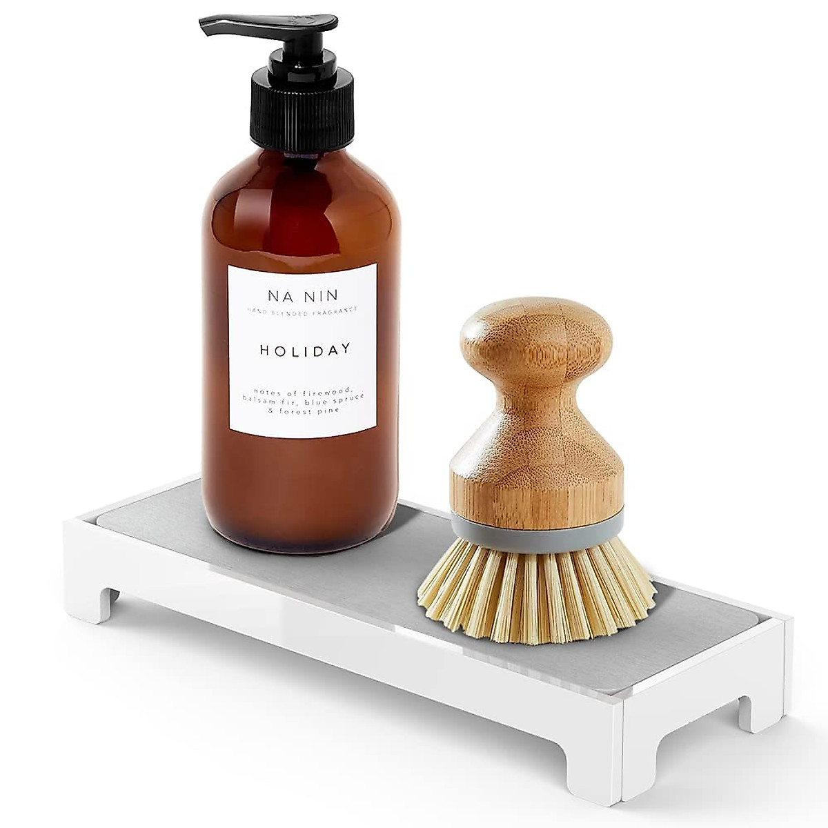 Sink Caddy, EnjoyNest Instant Dry Sink Organizer Sponge Soap Holder for Kitchen Sink Bathroom Countertop Fast Drying Rack Counter Tray Water Absorbing Stone Pedestal Stand Riser for Bottle Brush-White