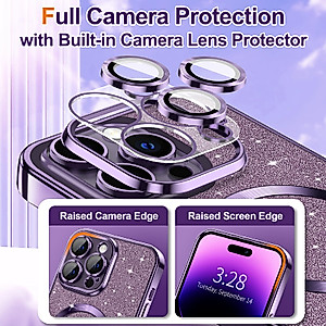 Hython for iPhone 14 Pro Max Case Glitter, Clear Magnetic Phone Cases with Camera Lens Protector [Compatible with MagSafe] Bling Sparkle Plating Soft TPU Slim Shockproof Protective Cover Women-Purple