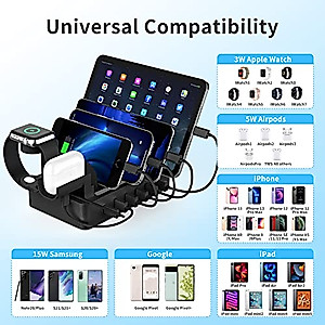 OTESS Charging Station for Multiple Devices，6 Ports USB C Charging Station with Phone and Watch Charging Stand, Charging Dock for iPhone iPad iWatch AirPods Samsung Apple Products