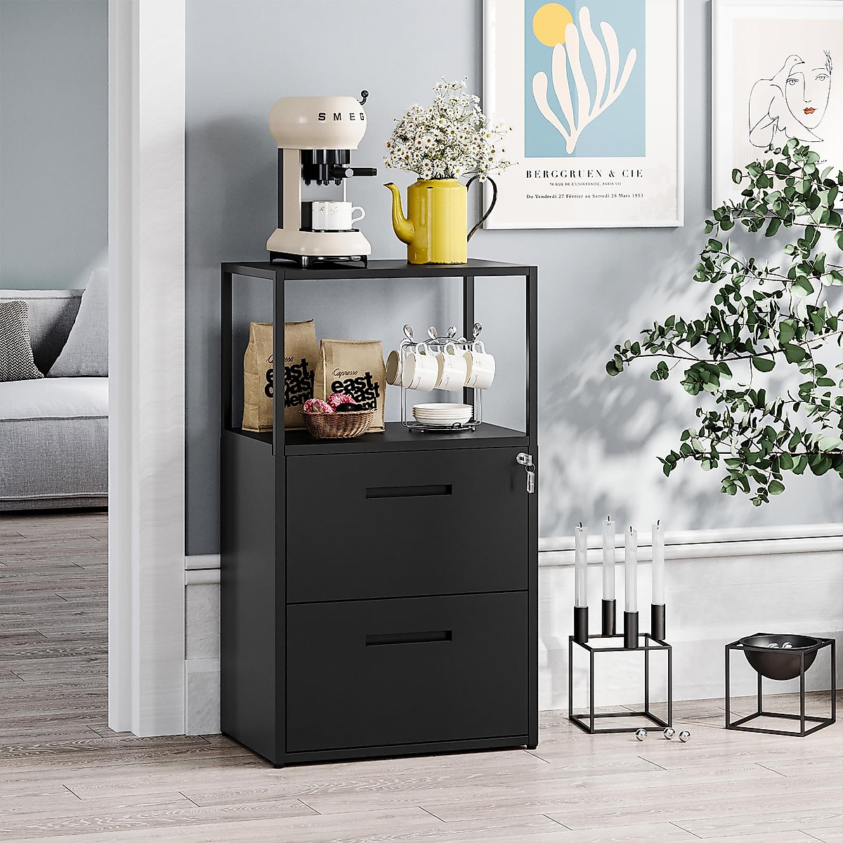 MIIIKO Office File Cabinet with 2 Drawers and Shelf, Metal Vertical Filing Cabinet with Lock, Lateral Two Drawers for Storage Letter/Legal Size File Folders, Top Shelf for Printer Stand