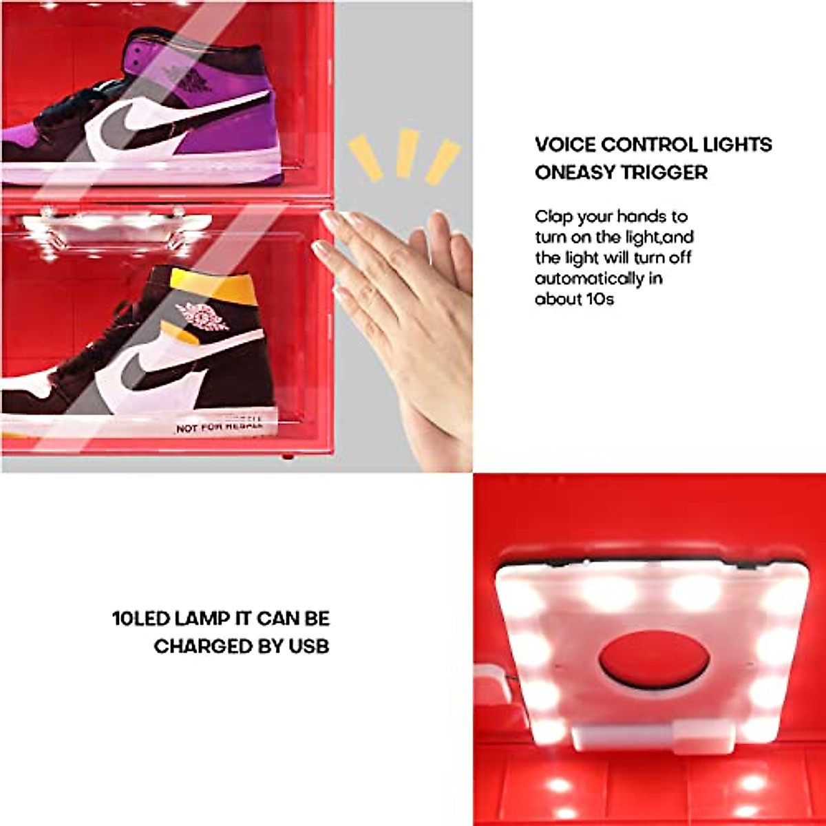 Boshen 1 Pack LED Shoe Display Cases with Voice Control Stackable Extra Large Sneaker Storage Box Magnetic Drop Side Shoe Collection Organizer for Men 13.5 & Women 14 (Red)
