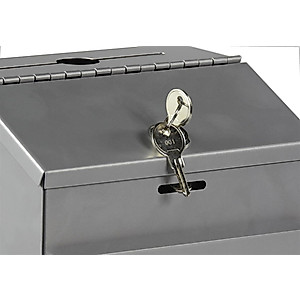 Ballot Box with Locking Hinged Lid and Side Pocket for Forms (Not Included), Metal Suggestion Box for Tabletop or Wall Mount Use, Silver