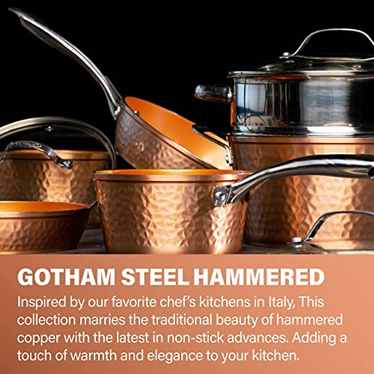 Gotham Steel Pots and Pans Set – Premium Ceramic Cookware with Triple Coated Ultra Nonstick Surface for Even Heating, Oven, Stovetop & Dishwasher Safe, 10 Piece, Hammered Copper