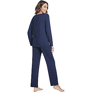 NACHILA Pajamas Set for Women Long Sleeve Pjs Soft Sleepwear Comfy Loungewear Sets with Pants, Viscose Made from Bamboo Navy M