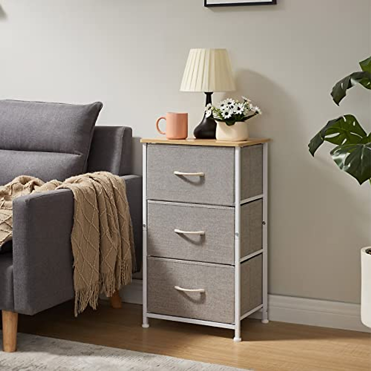 Somdot Small Dresser for Bedroom with 3 Drawers, Storage Chest of Drawers with Removable Fabric Bins for Closet Bedside Nursery Laundry Living Room Entryway Hallway, Grey/Natural Maple