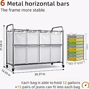 ROMOON 4 Bag Laundry Sorter Cart, Laundry Hamper Sorter with Heavy Duty Rolling Wheels for Clothes Storage, Grey