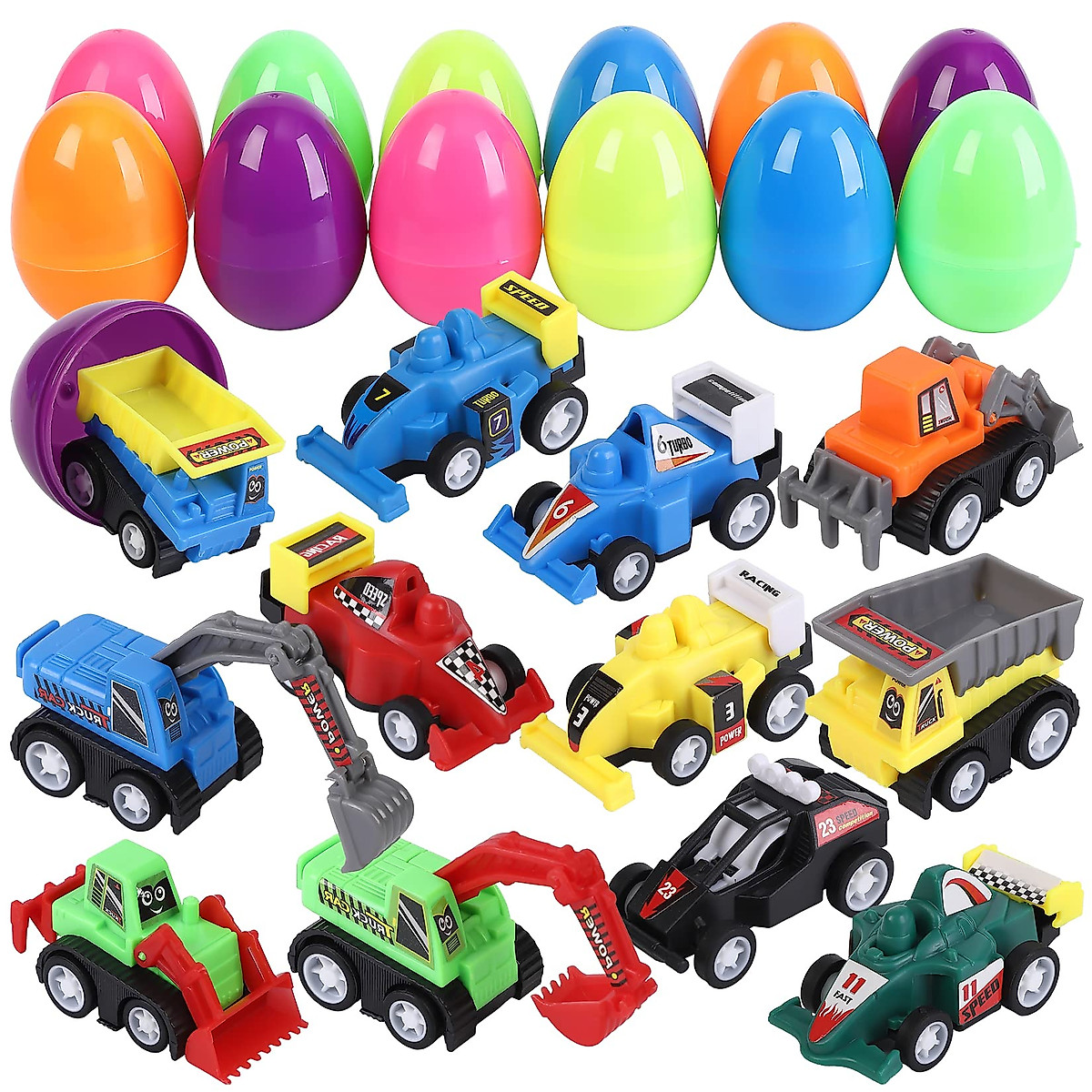 12 Pcs Easter Eggs Prefilled with Pull Back Cars for 3-6 Year Old Boys, Pull Back Construction Vehicle and Race Car for Easter Party Favors, Easter Basket Stuffers, Easter Egg Fillers,Easter Eggs Hunt