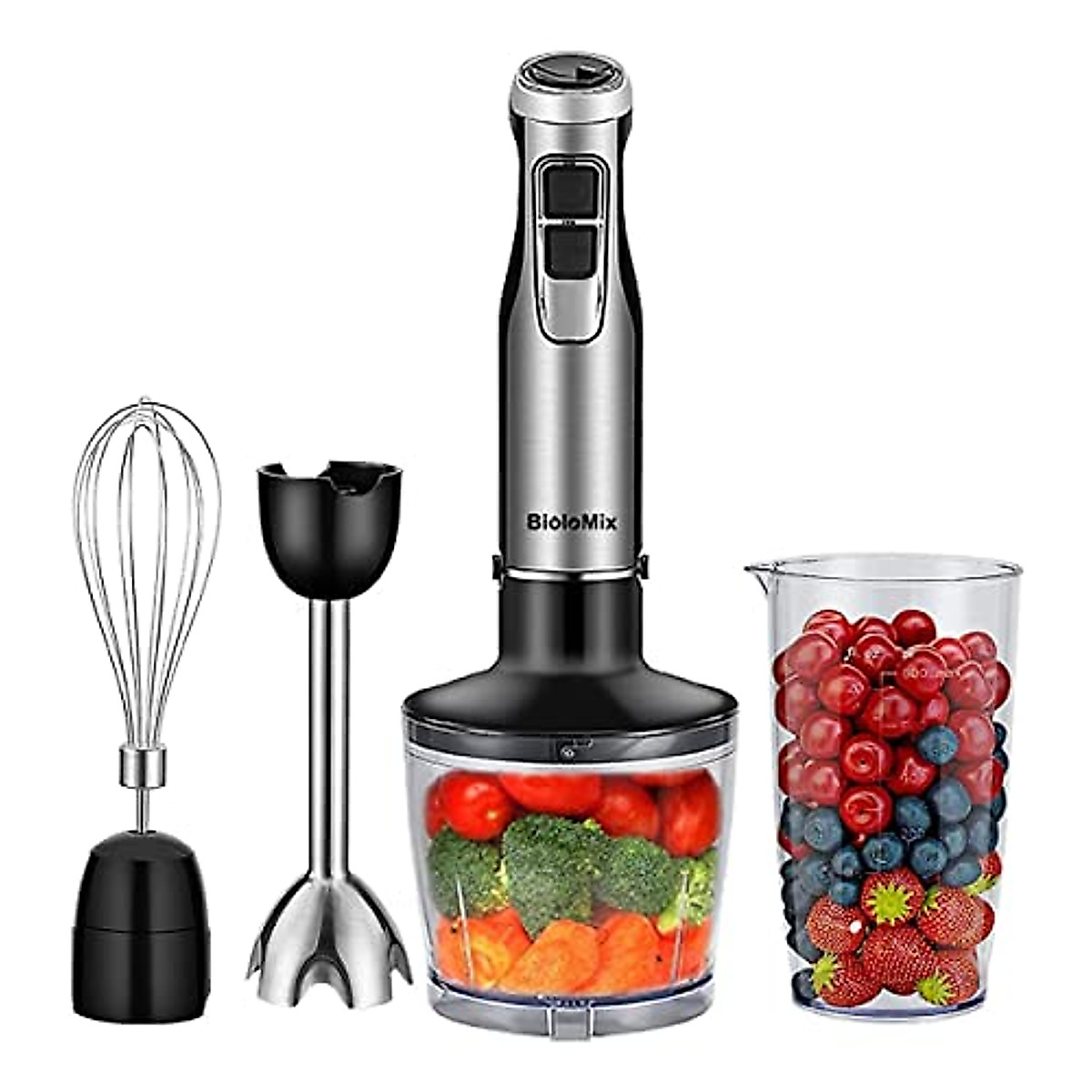 Stainless Steel Hand Blender, 800 Watt Immersion Blender Set, 6 Speeds, 500ml Measuring Cup and 600ml Jug, Whisk