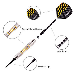 Darts Plastic Tip - Professional Soft Tip Darts Set for Electronic Dartboard 9 Pcs 18 Grams with 50 Extra Tips 9 Shafts 27 Flights Tool Kit Flight Protectors and Gift Darts Case (Gold)