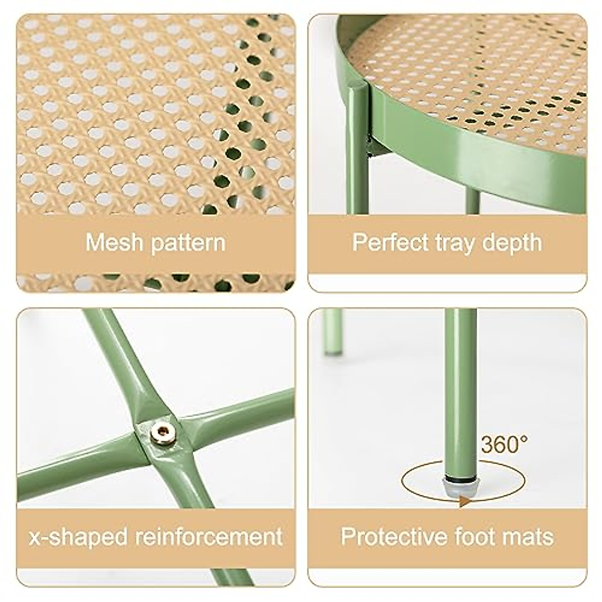 danpinera Metal Side Table, Imitation Rattan Green End Table with 2 Tier Removable Tray, Round Table for Small Spaces, Small Tables for Living Room 20.47 Inch x 16.54 Inch