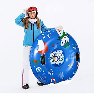 BESPORTBLE 120cm Snow Sleds PVC Inflatable Snow Tube Snow Sled Winter Snow Ring with Handles for Sledding Skiing Winter Outdoor Fun Snow Games(Blue Snowman Pattern)