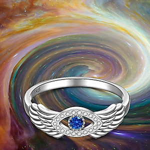 Turkish Evil Eye Ring 925 Sterling Silver Angel Wing Evil Eye Rings for Women Cubic Zirconia Mother Day Protection Jewelry Lucky Gif Size 8