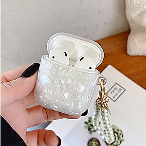 SAMTANY Airpods Case Cover with Pearl Keychain Airpods Accessories Skin Cover for Women Girl Earbuds Case Protective Cover for Apple Airpods Charging Case 2&1 (White)