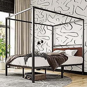 SHA CERLIN Queen Size Metal Canopy Bed Frame with Wooden Headboard, 4-Poster Platform Bed with Wood Slats Support/No Box Spring Needed/Easy Assembly/Sanders