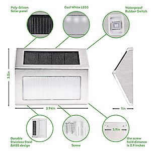 Aselpida Solar Fence Lights, 6 Pack Solar Step Lights, Deck Lights Outdoor Waterproof, Stainless Steel Stair LED Lights for Garden Yard Patio Deck (Cool White)