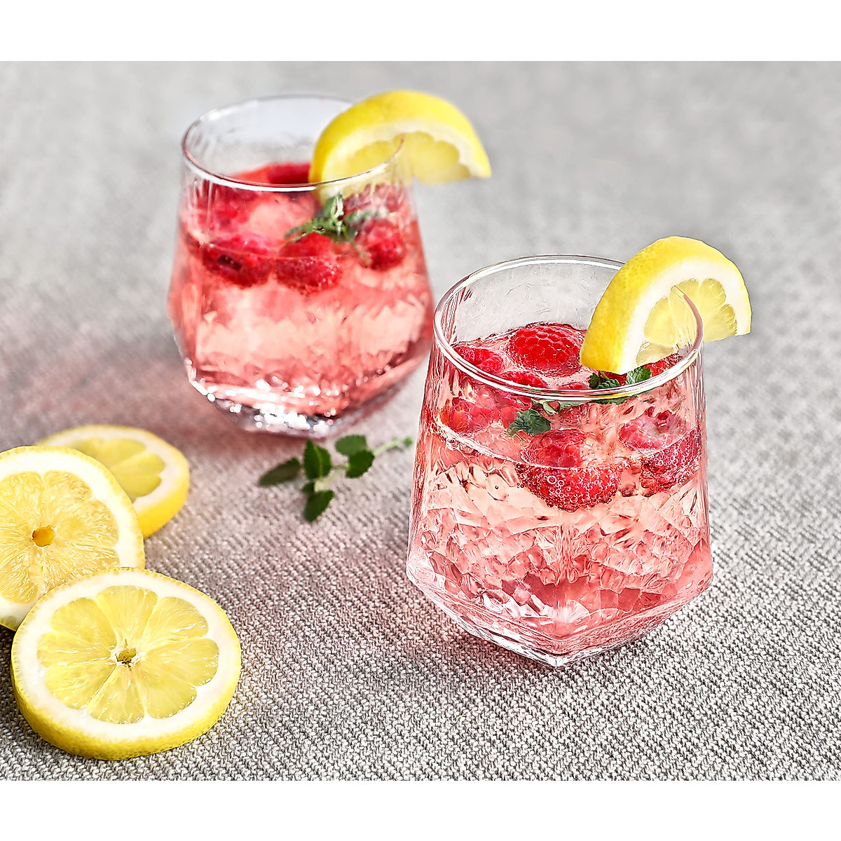 Diamond Glasses - Stemless Wine Glass Set of 6 - Geometric Tilting Design - Rolling Whiskey Glasses - Stem Less Anti Rocking Cup Diamonds Shaped - Tilted Glassware Drinking Tumblers for Wiskey/Wine