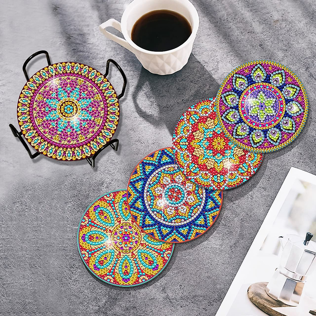 Diamond Painting Coasters, 6 Pcs Mandala Diamond Painting Coasters with Holder, Diamond Art Kits for DIY Coasters, 5D Diamond Painting Kits for Adults and Kids