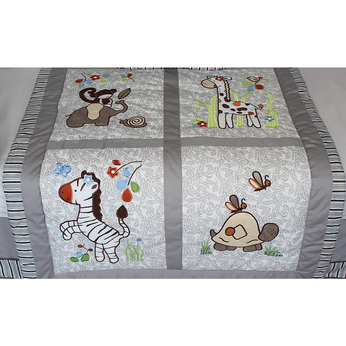 BabyFad Jungle Grey with Elephant, Giraffe, Zebra and Turtle with Musical Mobile Nursery for Boys and Girls, 9 Piece Baby Crib Bedding Set 100% Cotton