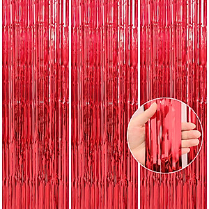 Crosize 2 Pack 3.3 x 9.9 ft Foil Fringe Curtains Party Decorations, Red Tinsel Curtain Backdrop for Parties, Door Streamers, Glitter Streamer Fringe Backdrop for Birthday Decoration (Red)