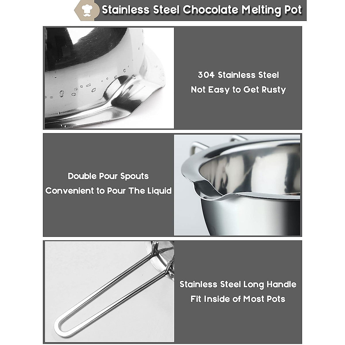1000ML/1QT Double Boiler Chocolate Melting Pot with 2.3 QT 304 Stainless Steel Pot, Chocolate Melting Pot with Silicone Spatula for Melting Chocolate, Candy, Candle, Soap, Wax