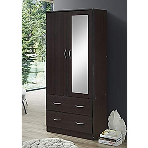 Hodedah Two Door Wardrobe with Two Drawers and Hanging Rod plus Mirror, Chocolate