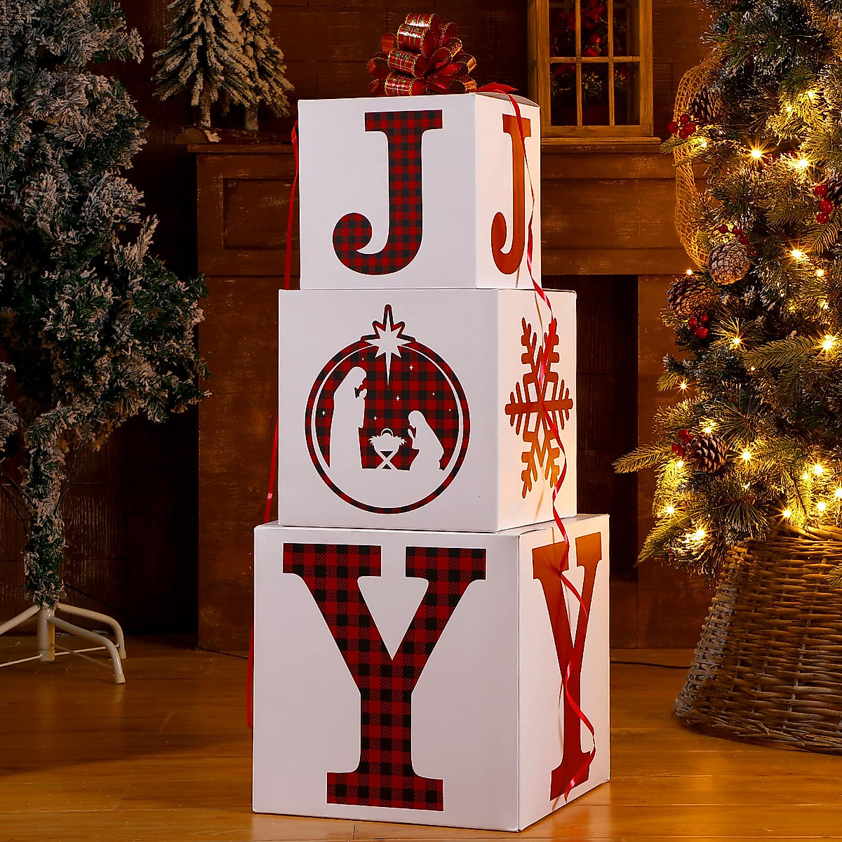 Teling 4 Pieces Christmas Nesting Gift Box Christmas Stackable Box Large Joy Christmas Boxes for Present Xmas Stacking Gift Box Decorations for Christmas Wrapping Party Favor